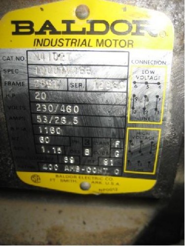20 hp, Baldor, 1160 rpm, Frame 286TS