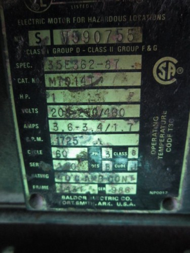 1 HP Baldor Motor - UL Tagged for hazardous duty