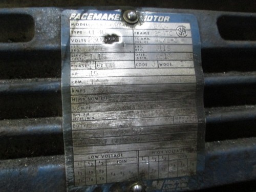 15 HP Louis Allis "Pacemaker" Electric Motor, Frame 254TC