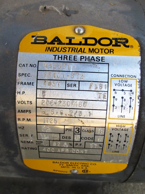 2 HP Baldor Electric Motor, 1725 rpm, Frame 145T