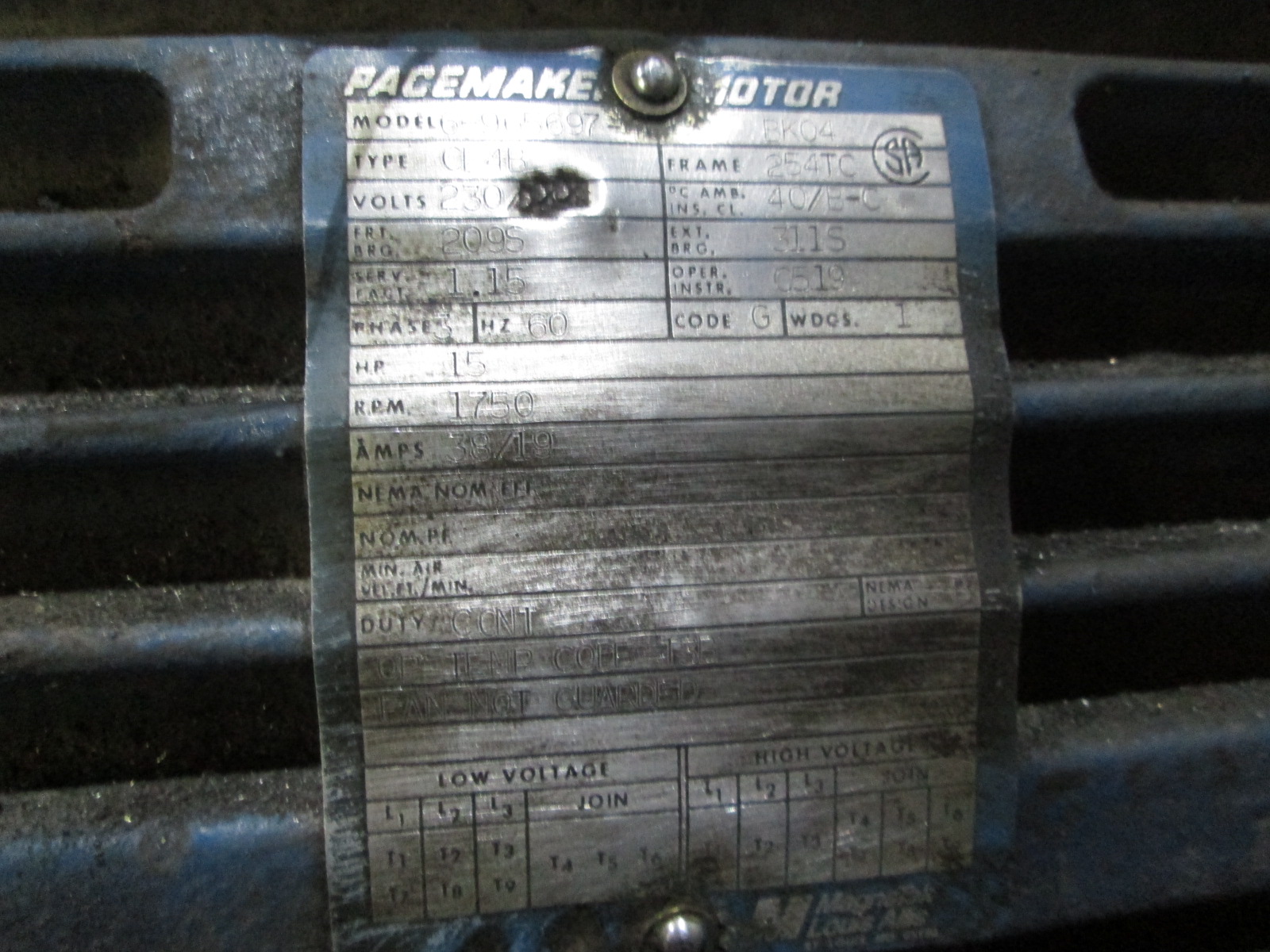 15 HP Louis Allis "Pacemaker" Electric Motor, Frame 254TC