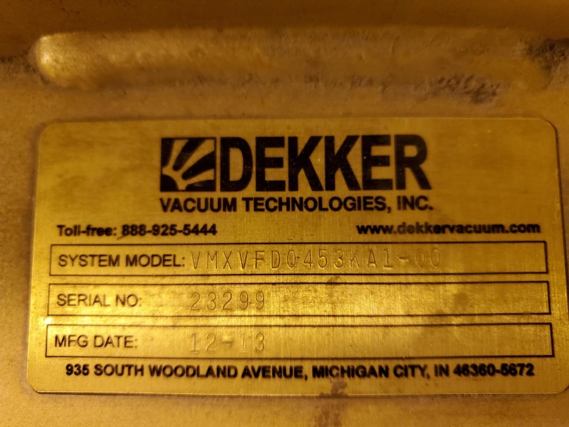 Dekker Vacuum Pump, 25 hp, Model VMXVFD0453KA1-00