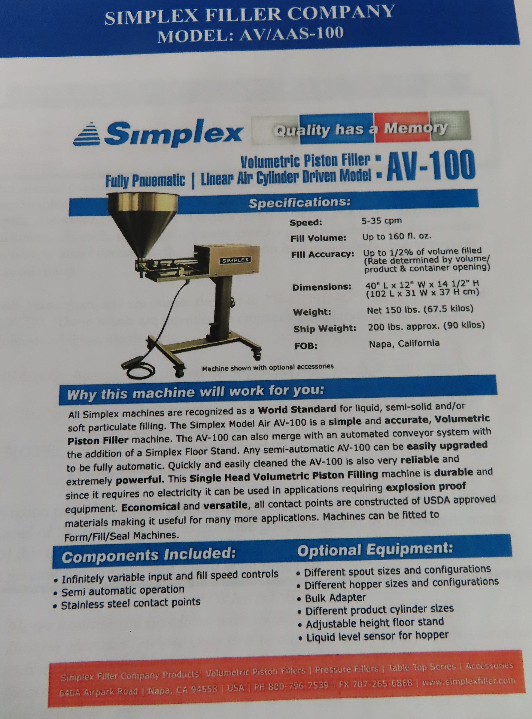 Simplex Single Head Volumetric Piston Filler