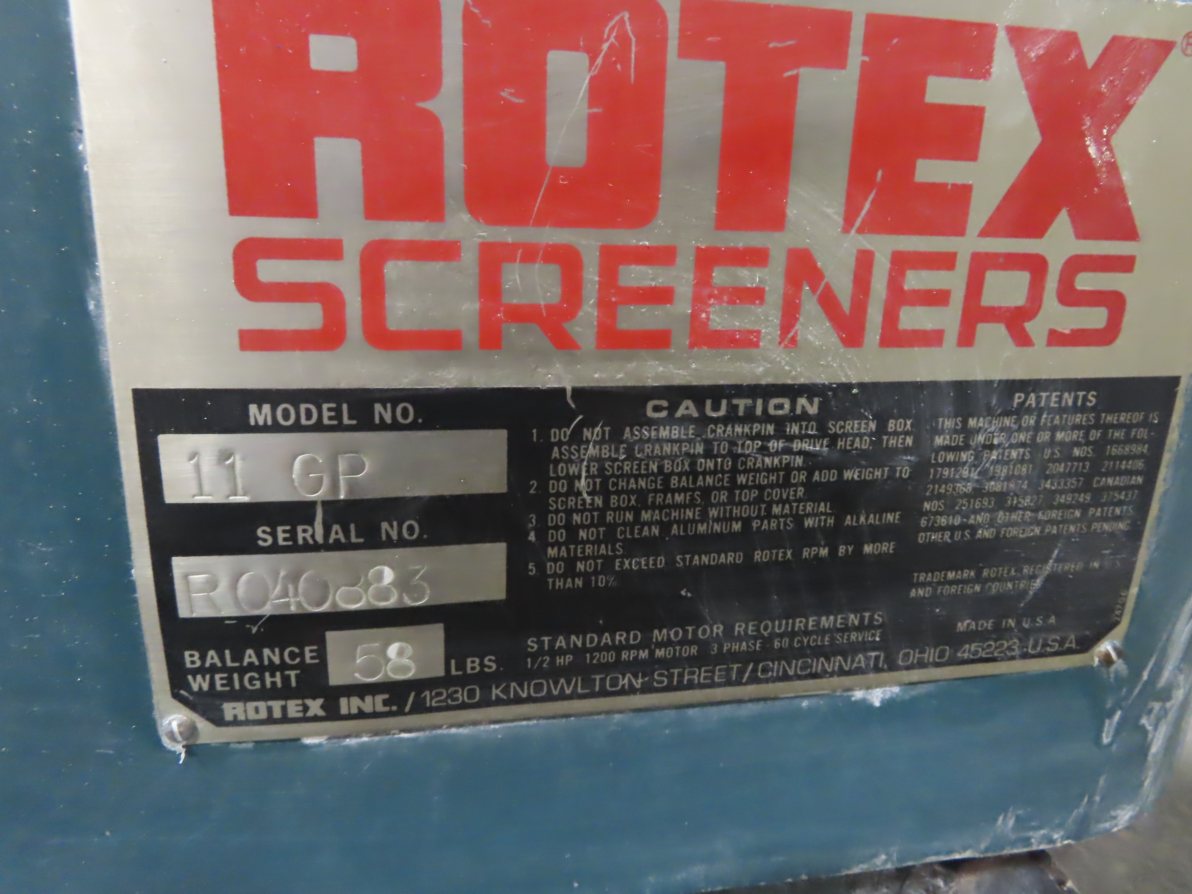 used Rotex Screener, 20" x 48" single deck, Model GP11