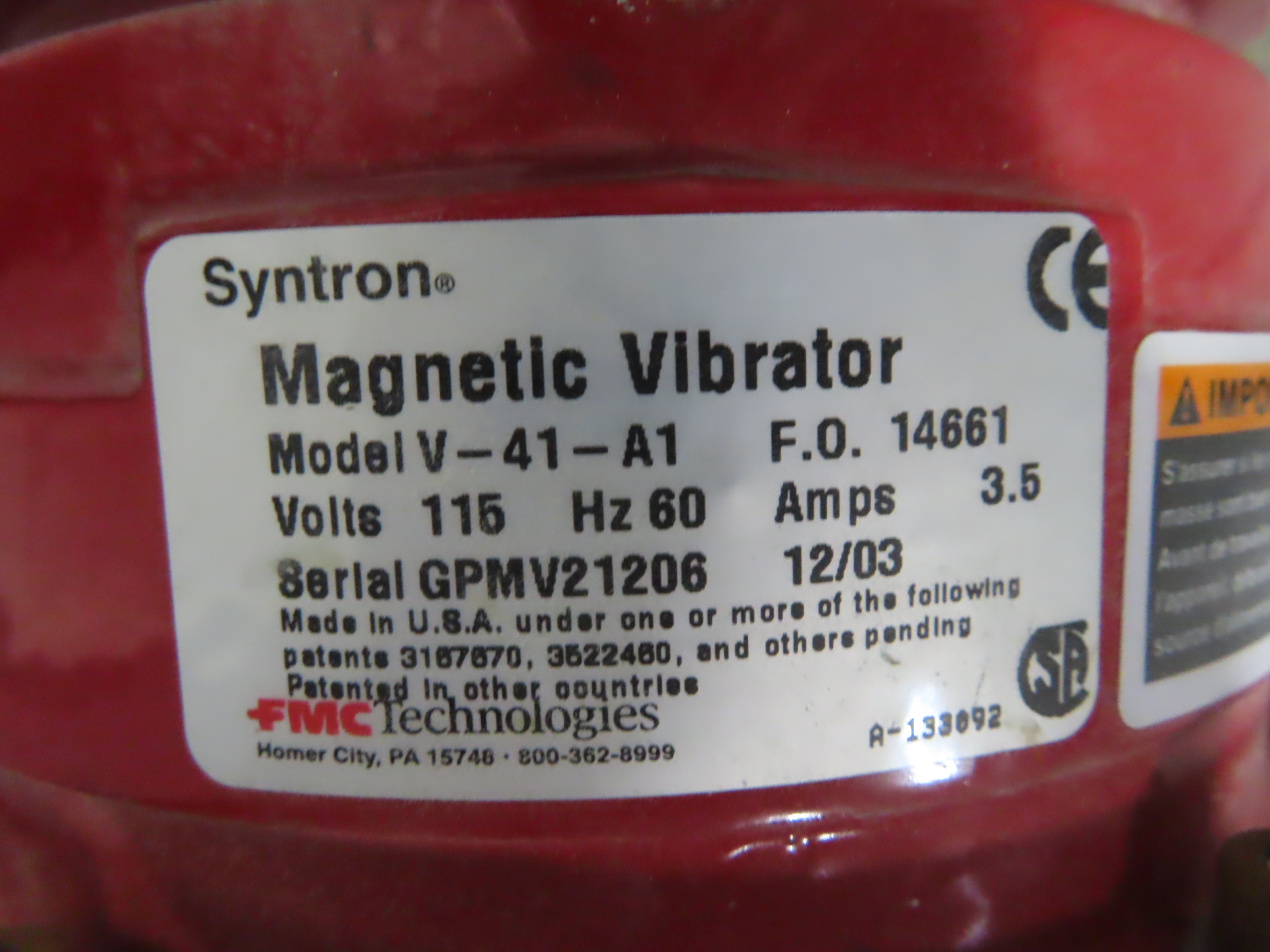 Syntron Magnetic Vibrator, Vibratory Motor, 115 Volts, Model V-41-A1