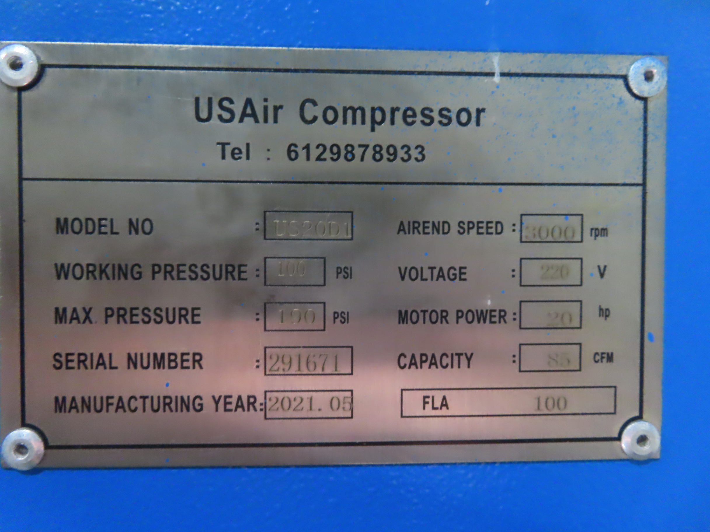 20 HP Rotary Screw Air Compressor, US Air Compressor, 85 CFM, 100 PSI ...