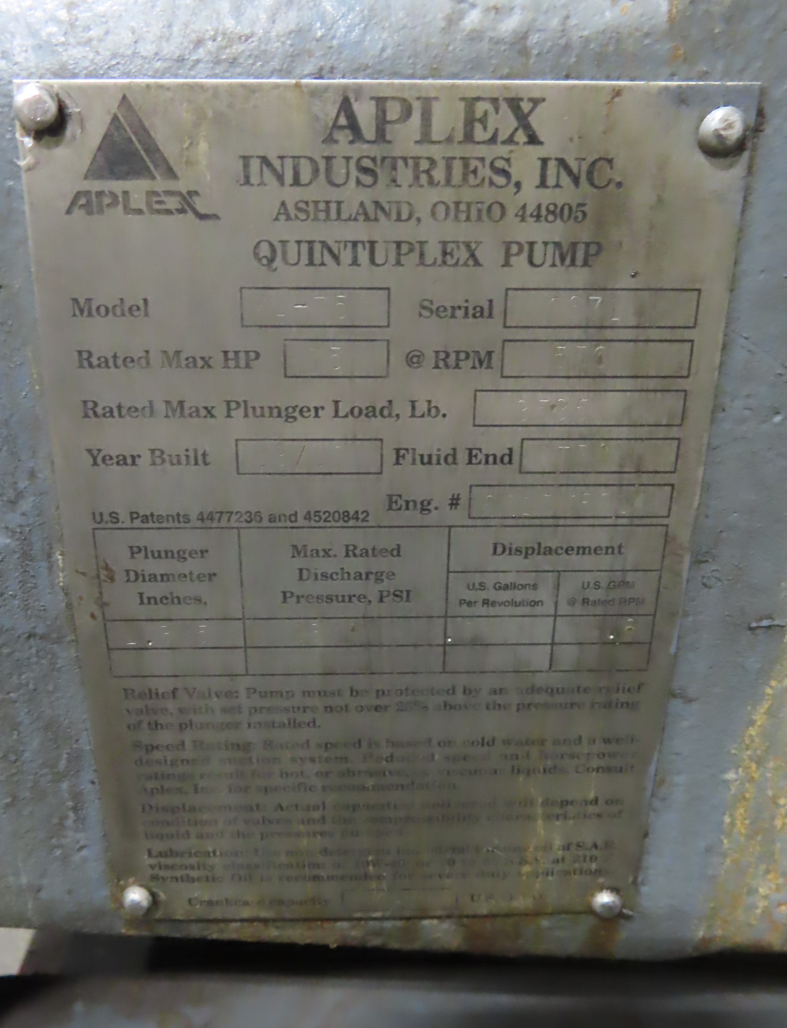 50 HP Aplex Industries Quintuplex Pump, Model MA-75M